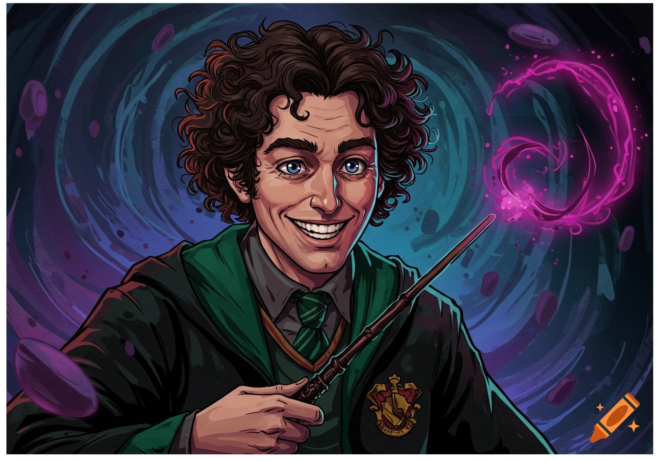 Stylized illustration of a young man in green robes holding a wand and ...