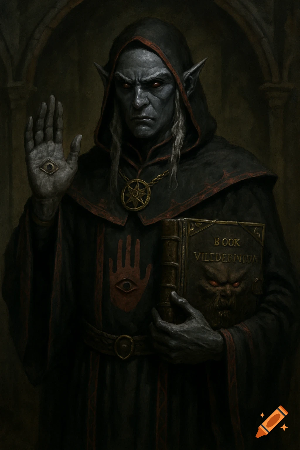 Dark fantasy art of a drow elf cultist holding a demonic book and ...