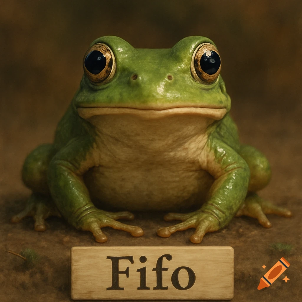 Close-up of a green frog with big eyes sitting on the ground in front ...
