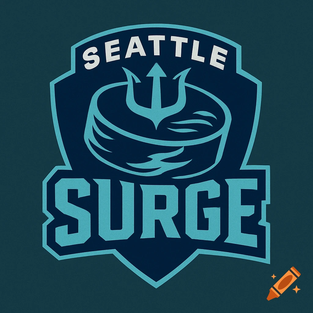 Logo for Seattle Surge with a trident symbol, featuring text "SEATTLE ...