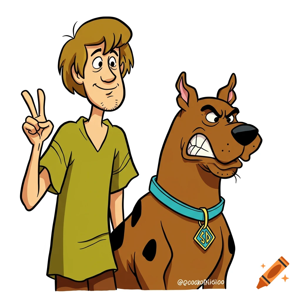 Cartoon drawing of Shaggy giving a peace sign next to an angry Scooby ...