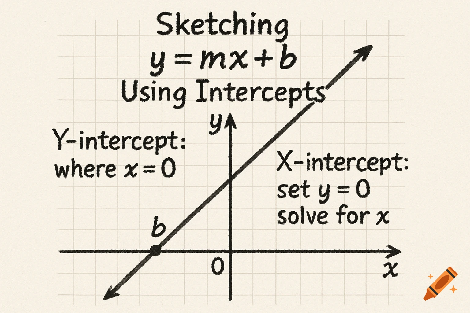 Sketch of a graph showing y=mx+b, indicating the y-intercept and instructions for finding x and ...