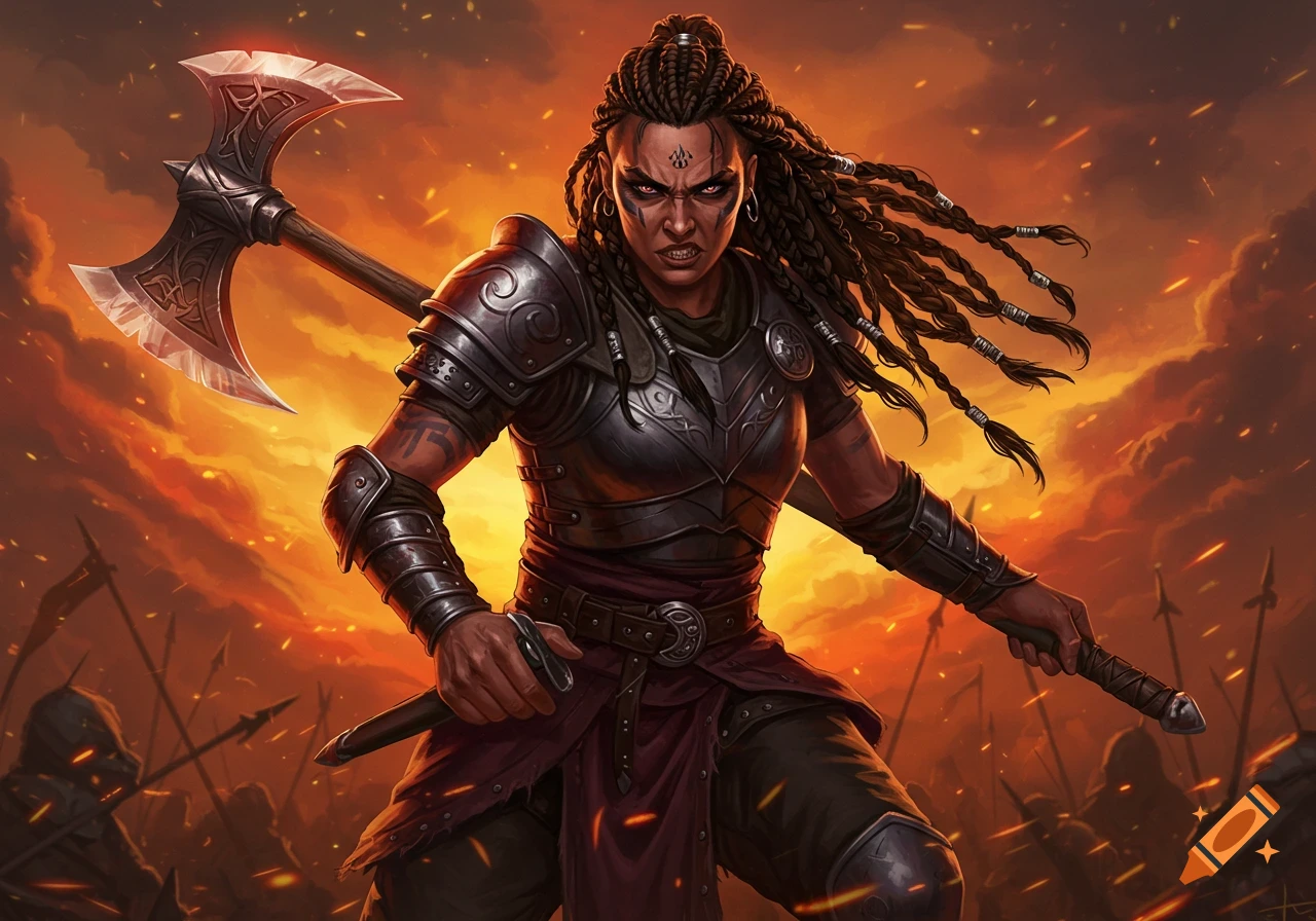 Painting of a fierce warrior woman with an axe on a battlefield under a fiery sky. on Craiyon
