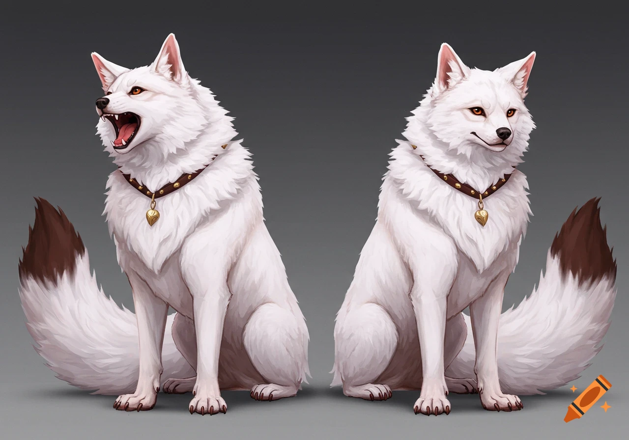Two white anime wolves with brown-tipped tails and studded collars sit ...