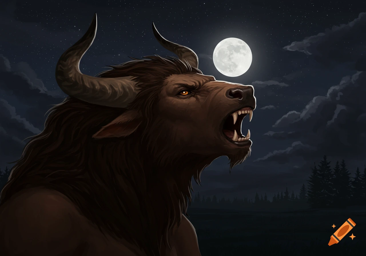 A powerful, furry minotaur-like creature howls at the full moon in a ...