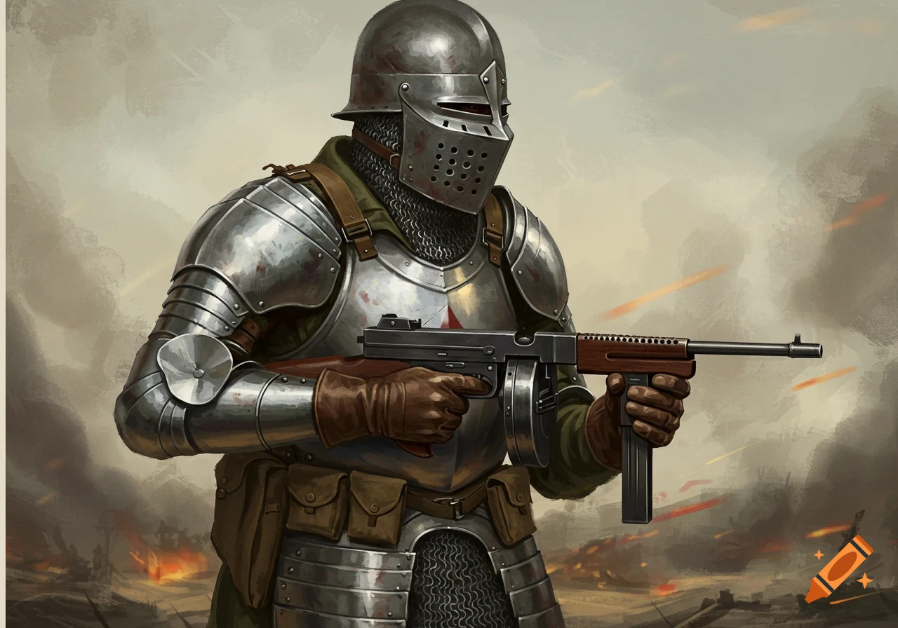 A knight in medieval armor holds a Thompson submachine gun on a ...