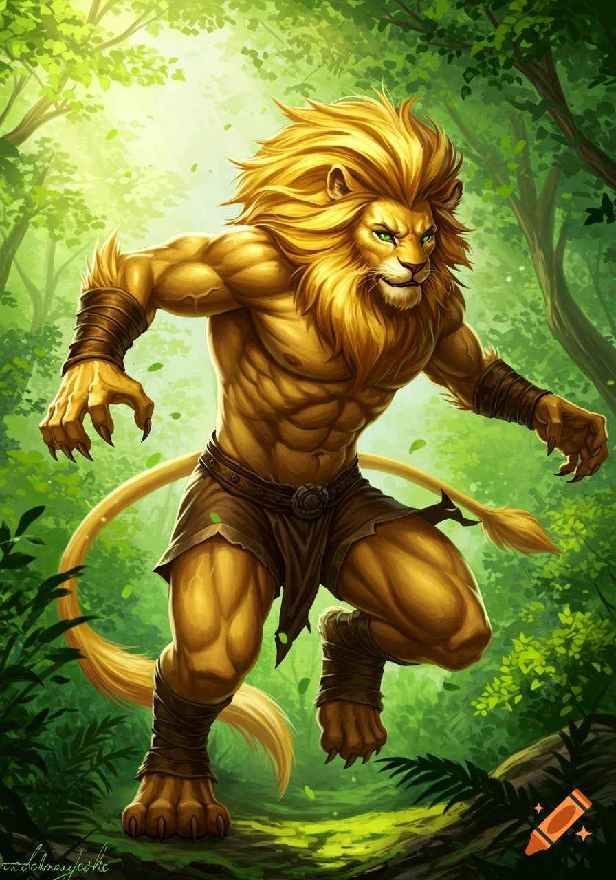 Muscular golden leonin creature runs through a sunlit forest on Craiyon