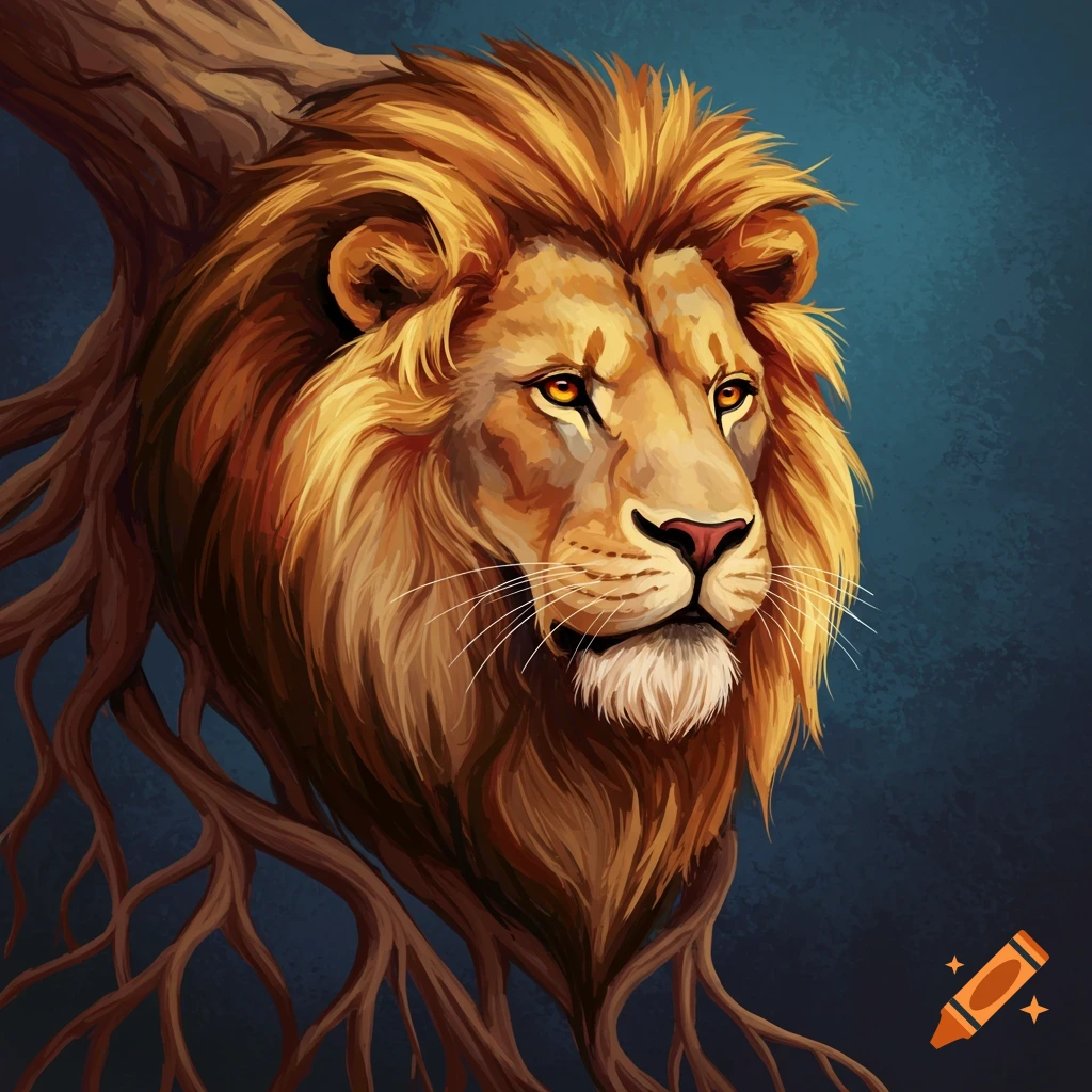 Stylized illustration of a lion's head merging with tree roots. on Craiyon