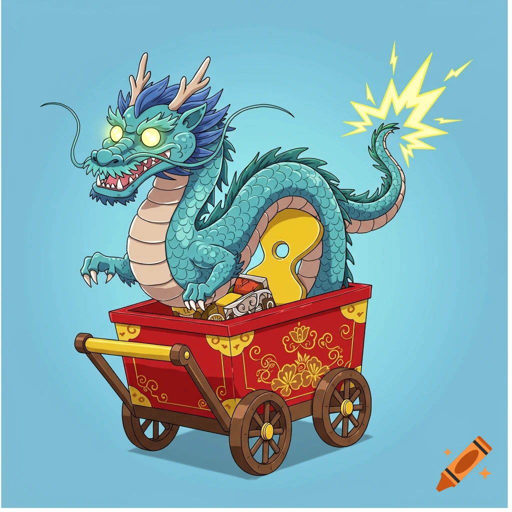 Cartoon illustration of a blue dragon in a red cart with a lightning ...