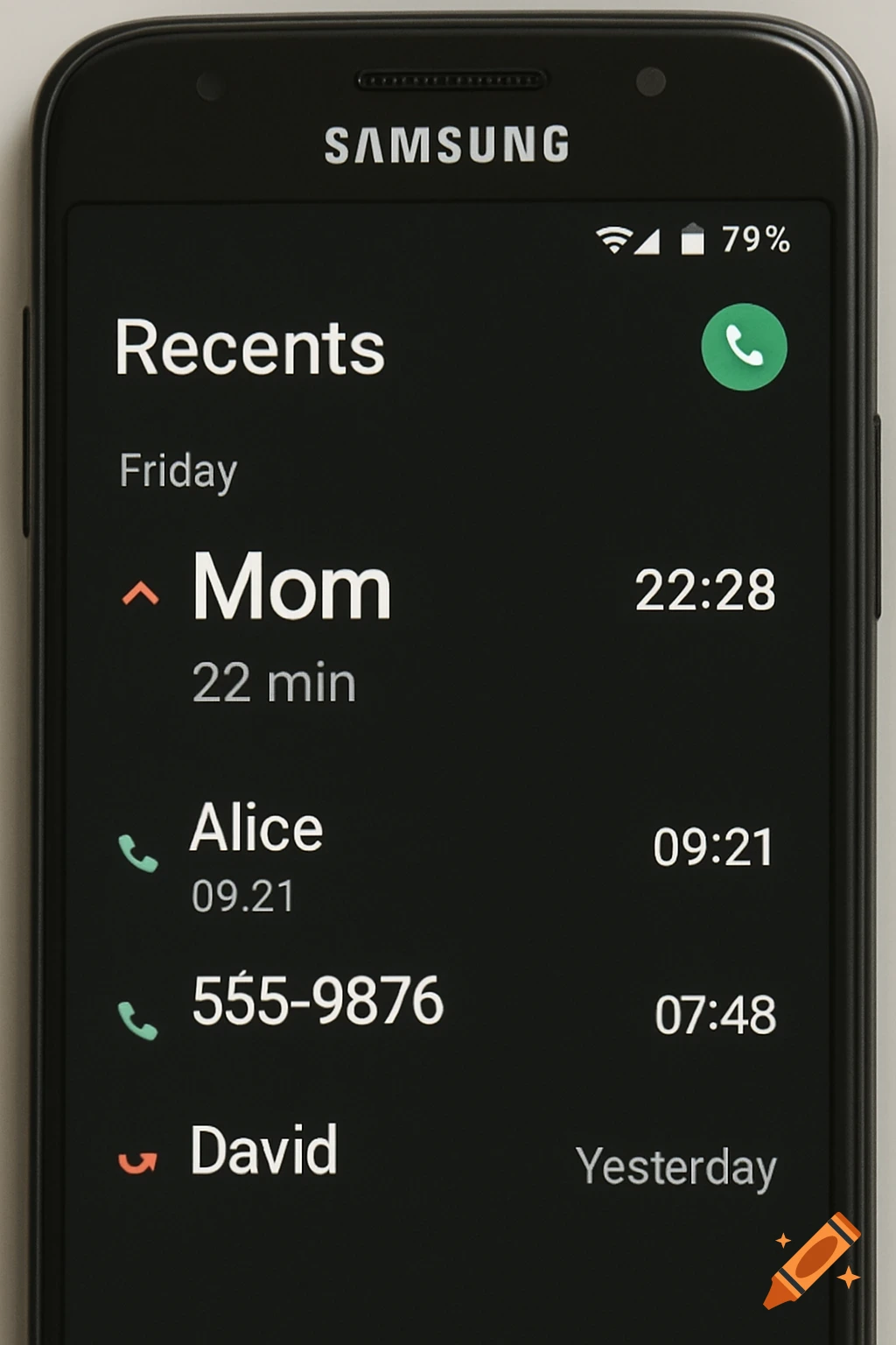 Close-up of a phone screen displaying a list of recent calls. on Craiyon