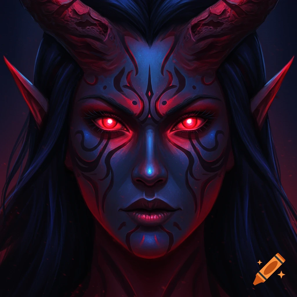Close-up digital painting of a female demon face with glowing red eyes ...