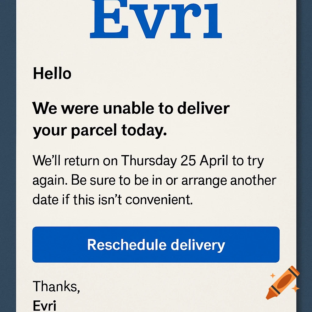 A screenshot of an email notification from Evri about an unsuccessful ...