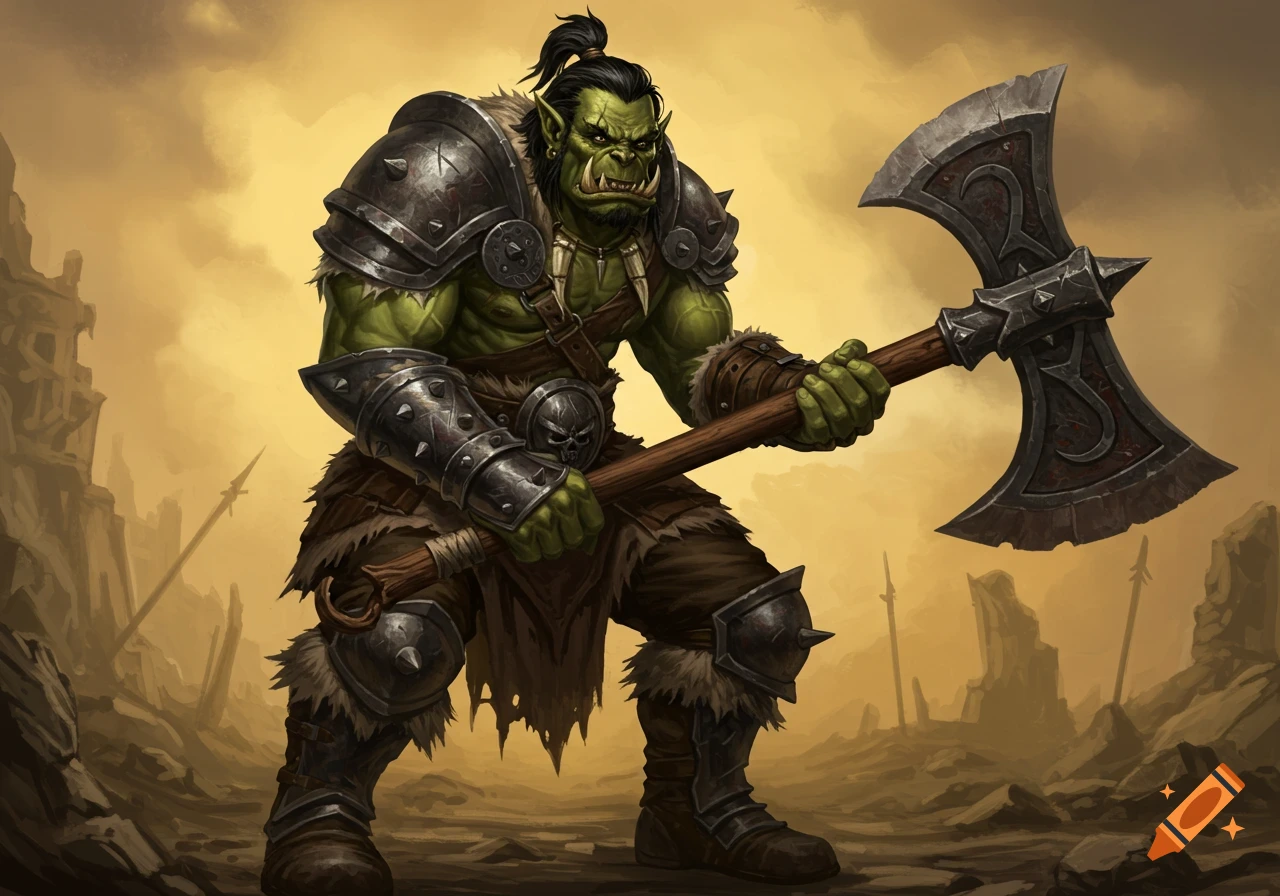 A green-skinned orc warrior in armor holds a large battleaxe in a desolate landscape. Digital ...