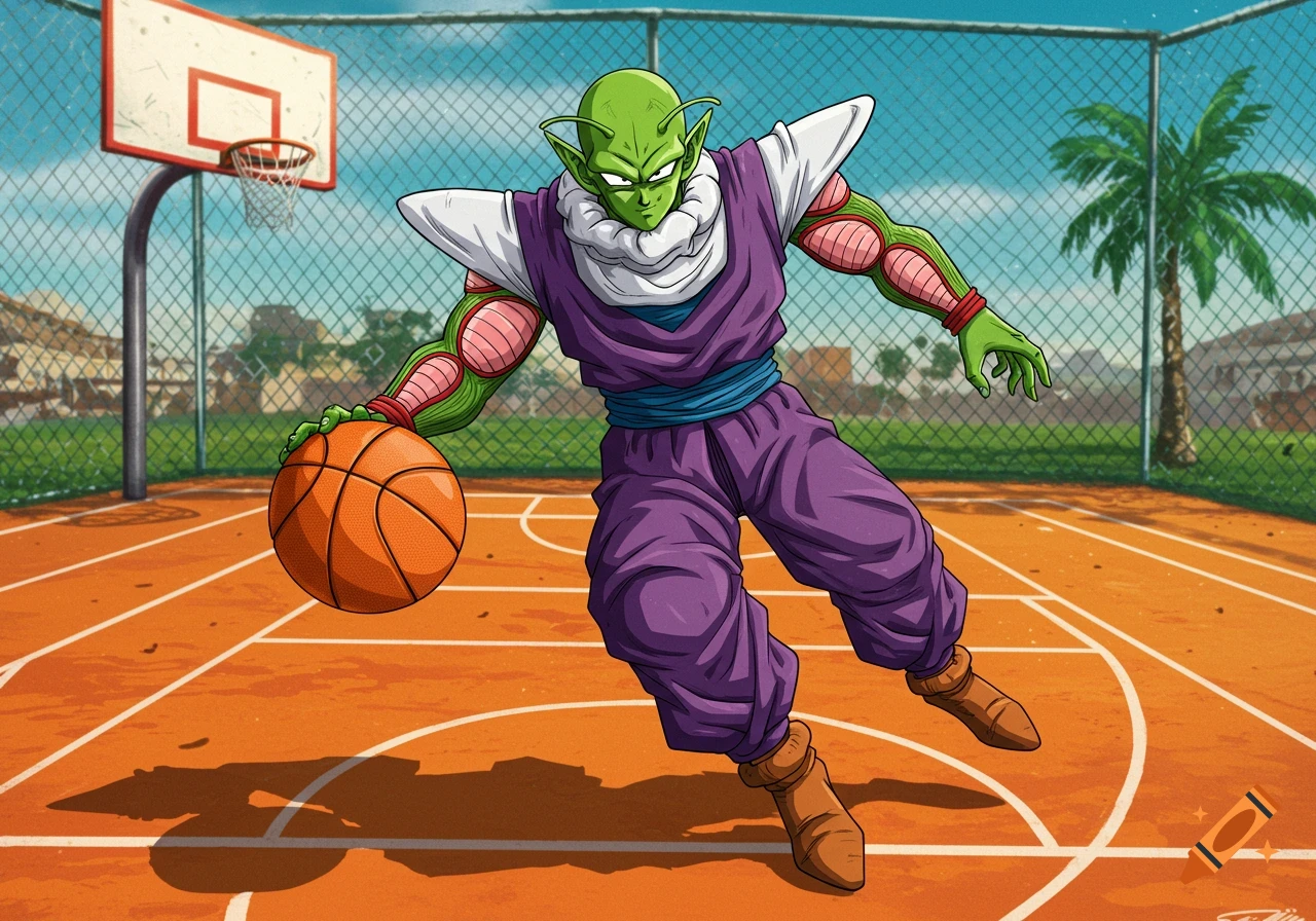 Piccolo from Dragon Ball Z plays basketball on an outdoor court in ...