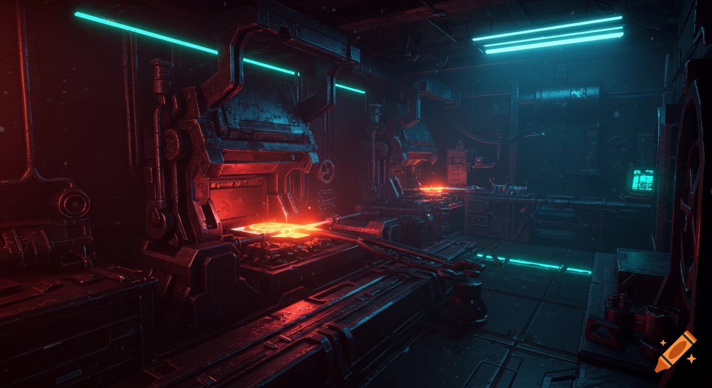 Futuristic forge workshop with glowing metal and neon lights on Craiyon