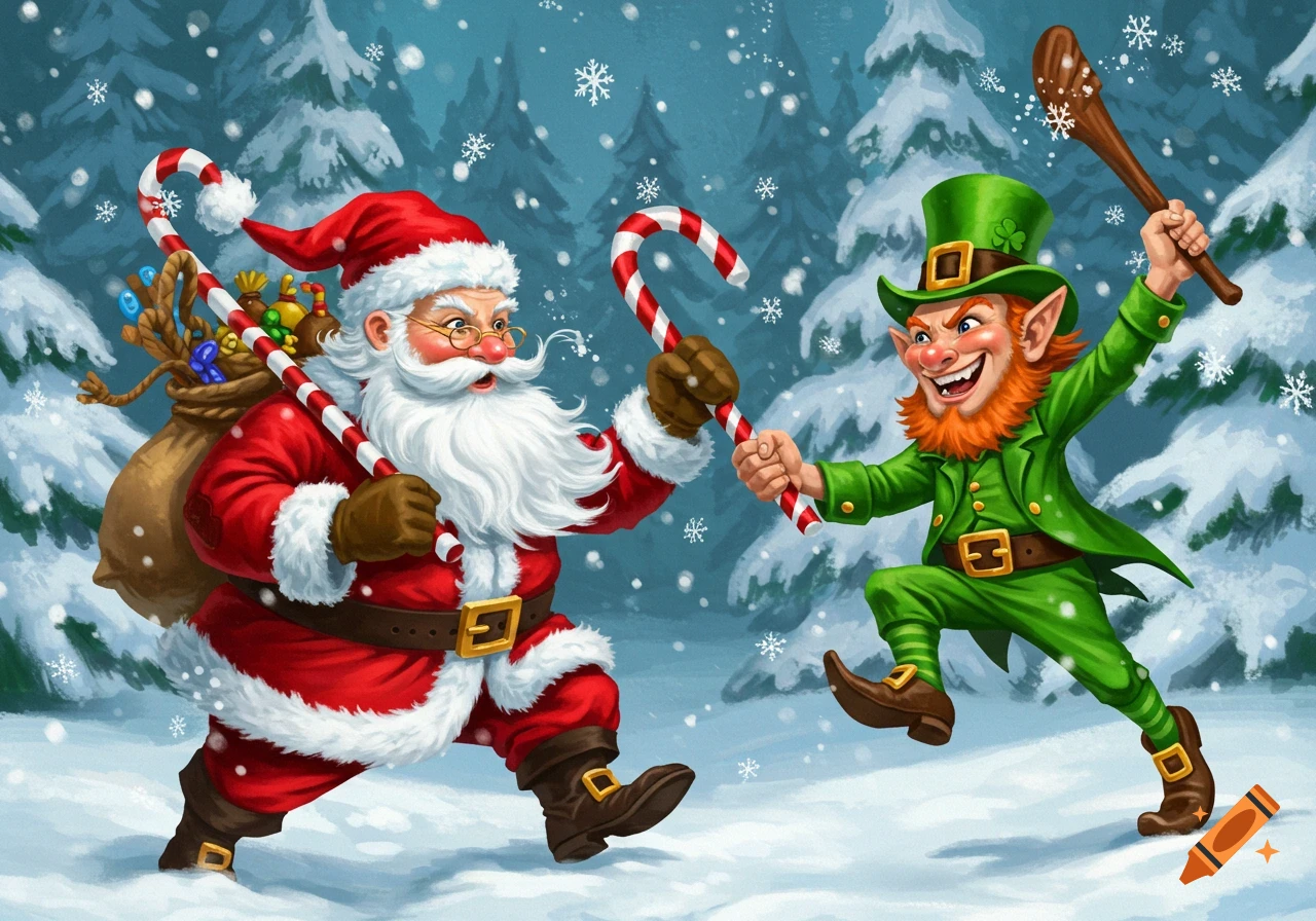 Cartoon illustration of Santa Claus and a leprechaun battling with ...