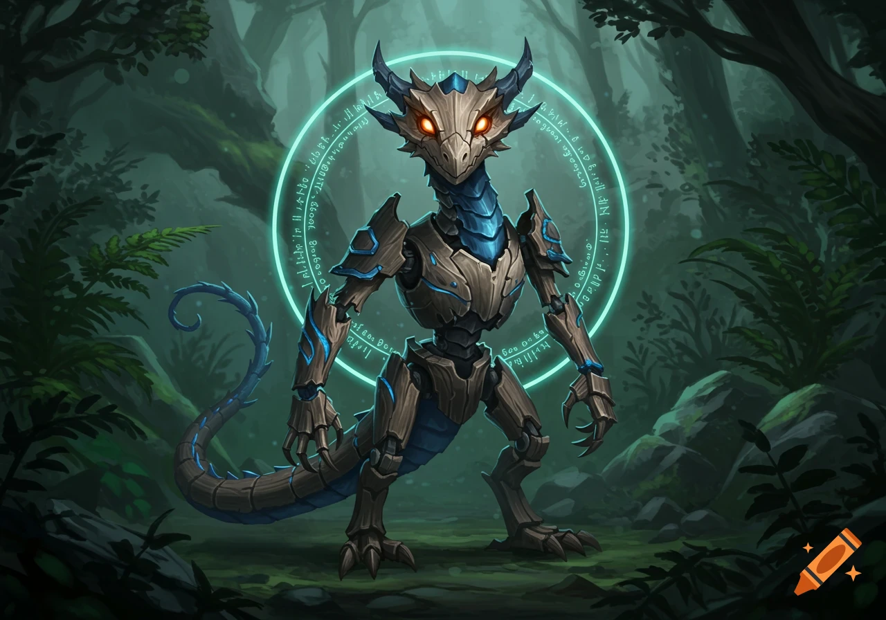 Digital illustration of a robotic dragon creature with blue accents ...