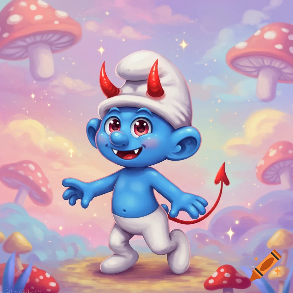 Cute cartoon Smurf-like demon character in a fantasy mushroom forest on ...