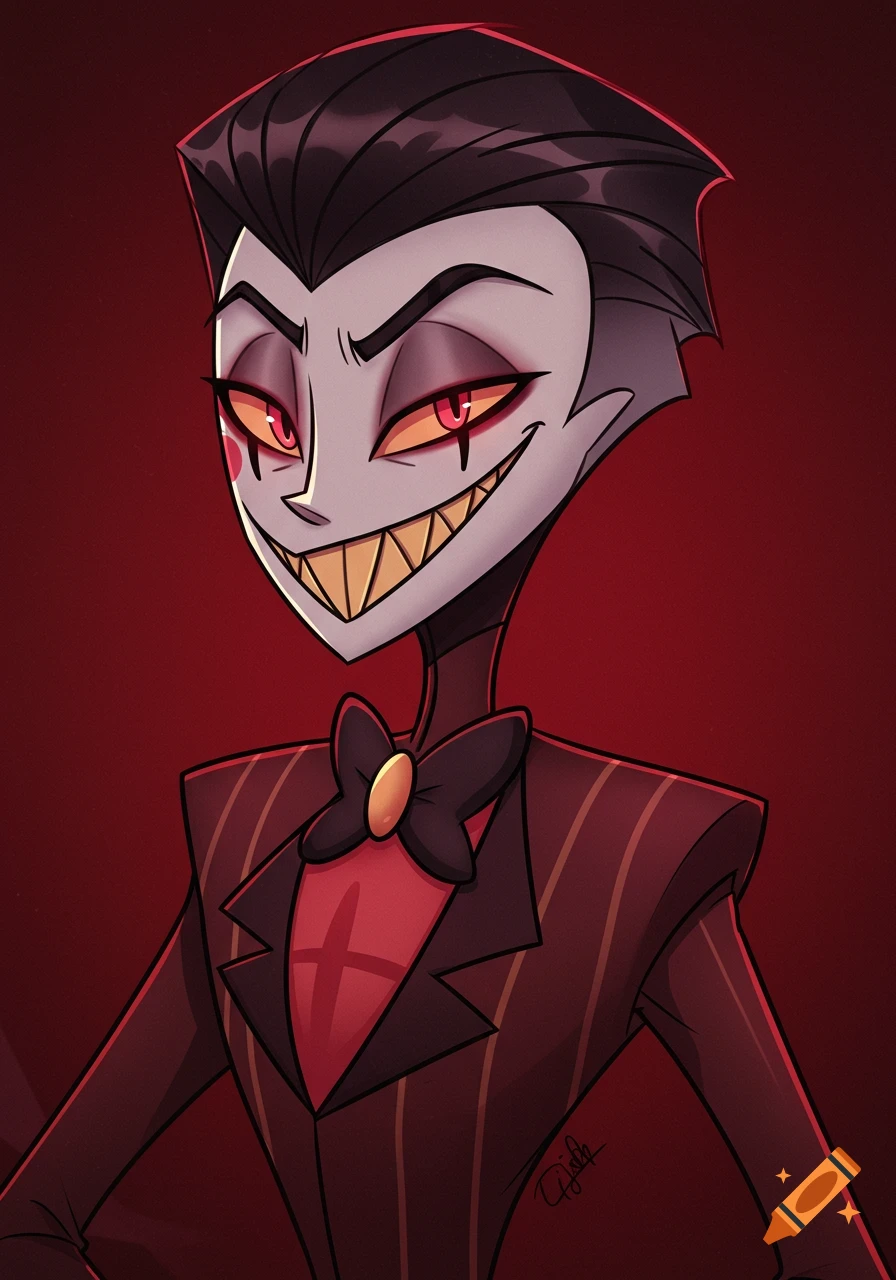 Illustration of Vox from Hazbin Hotel, smiling with sharp teeth and red ...