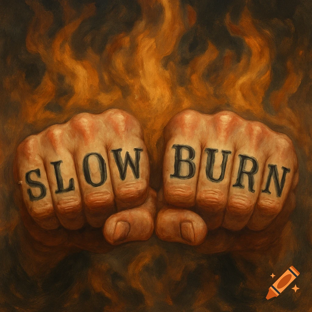 Knuckle tattoos saying 'SLOW BURN' surrounded by flames in a painterly ...