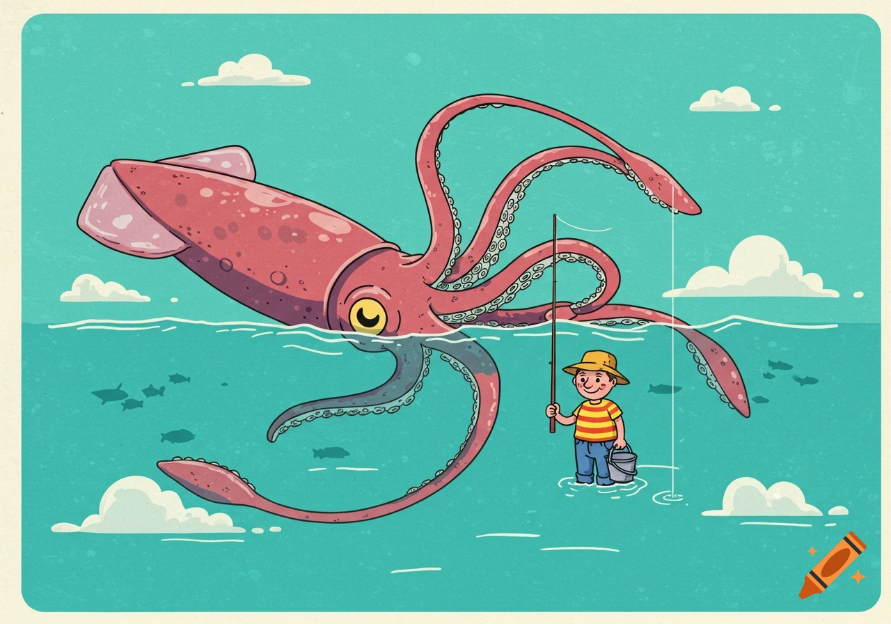 Cartoon illustration of a giant pink squid rising from the sea next to ...