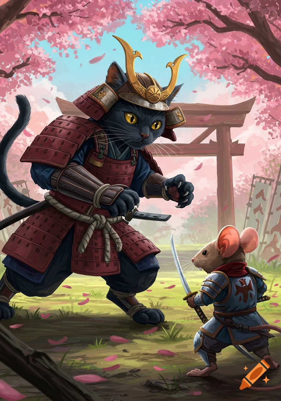 A samurai cat battles a knight mouse under pink cherry blossom trees ...