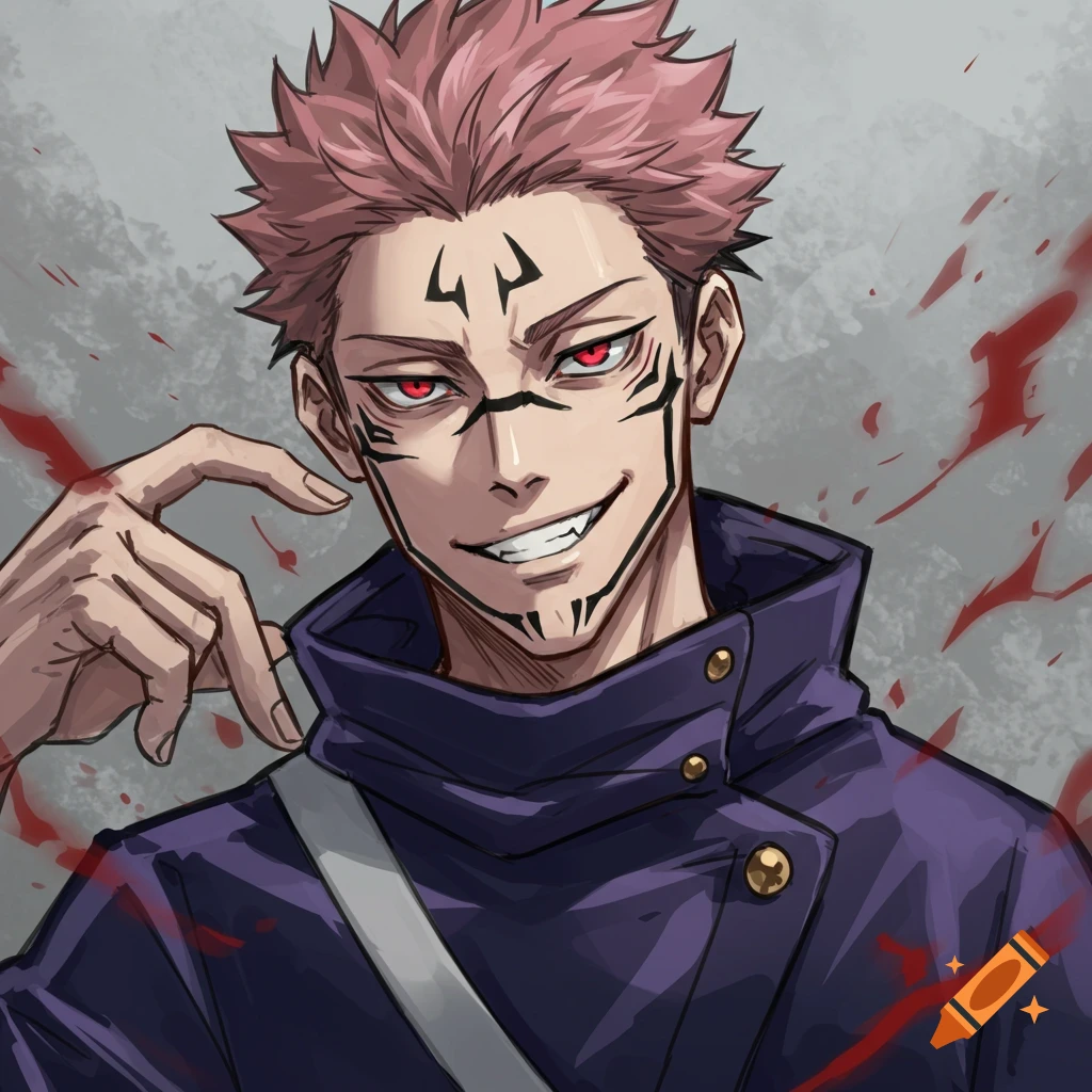 Anime style portrait of a character with red eyes and face markings, against a splattered ...