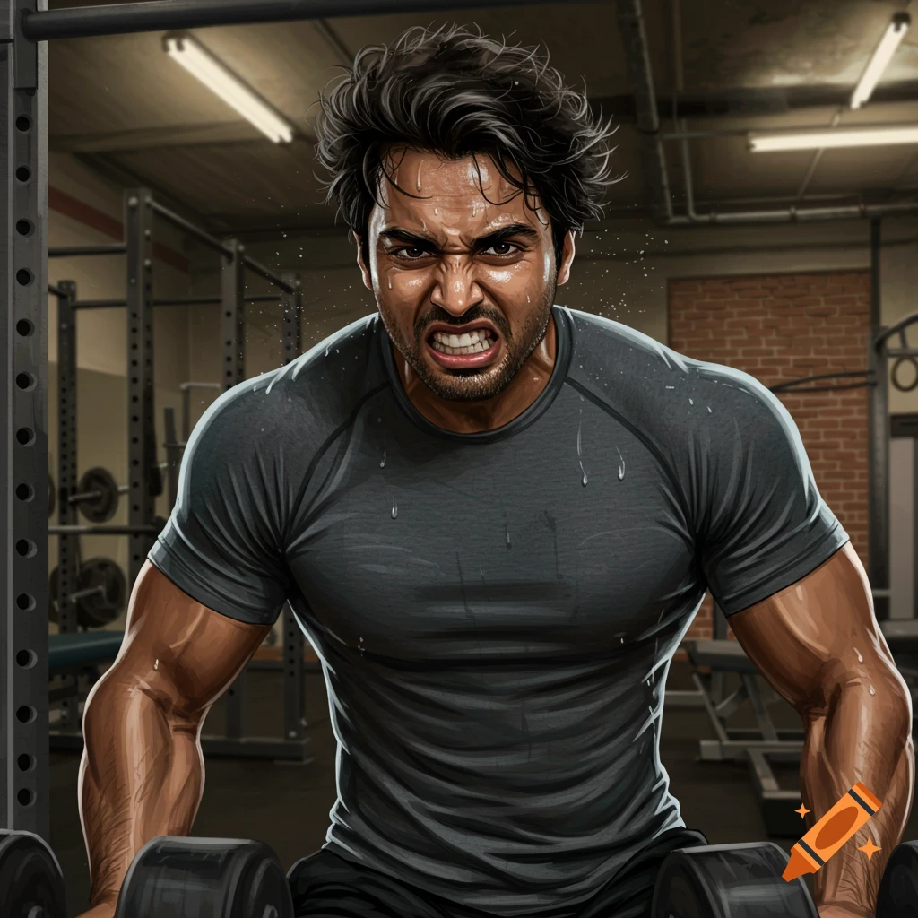 A sweaty, frustrated man with dark messy hair lifts dumbbells in a gym. on Craiyon