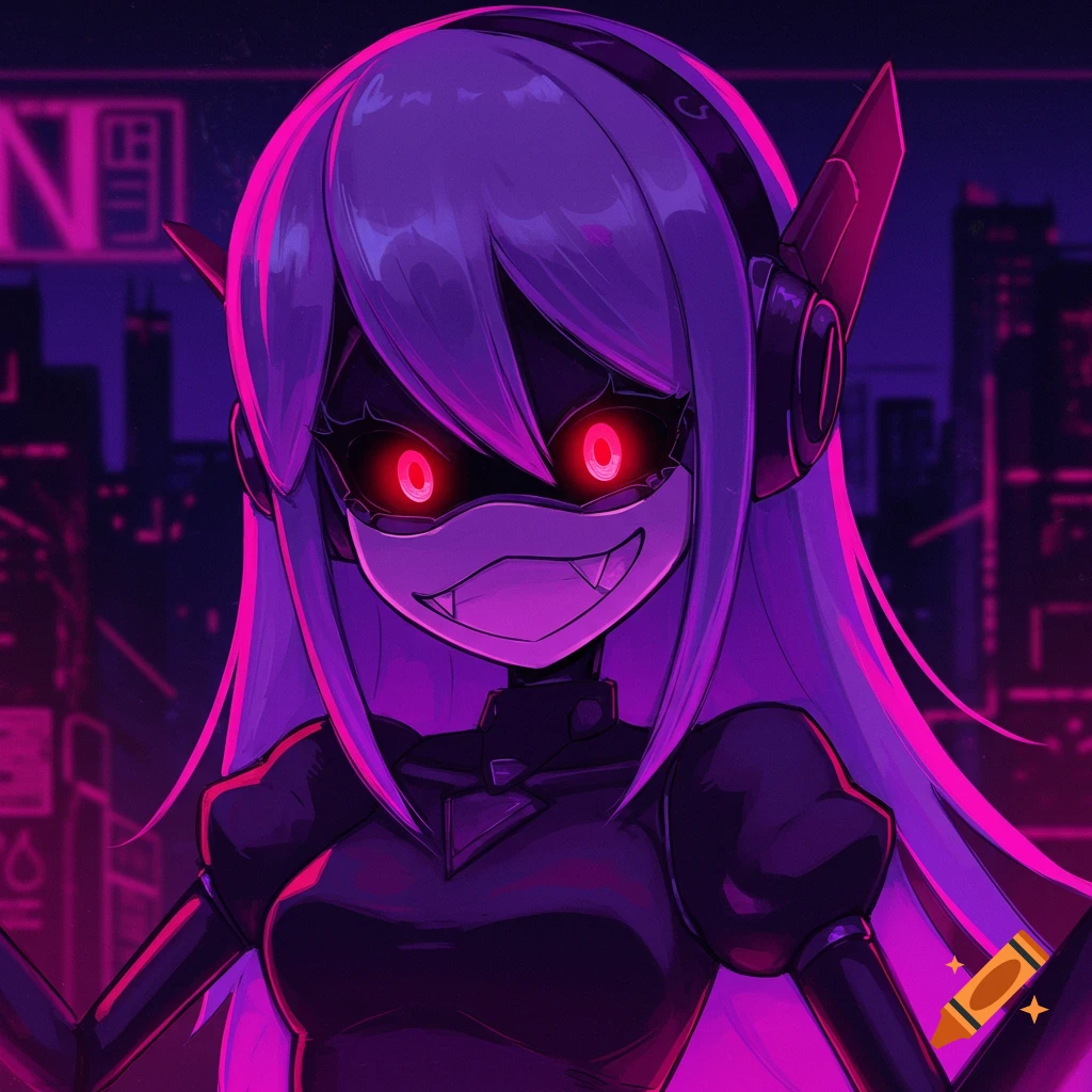 Anime portrait of a robot girl with glowing red eyes and sharp teeth in ...