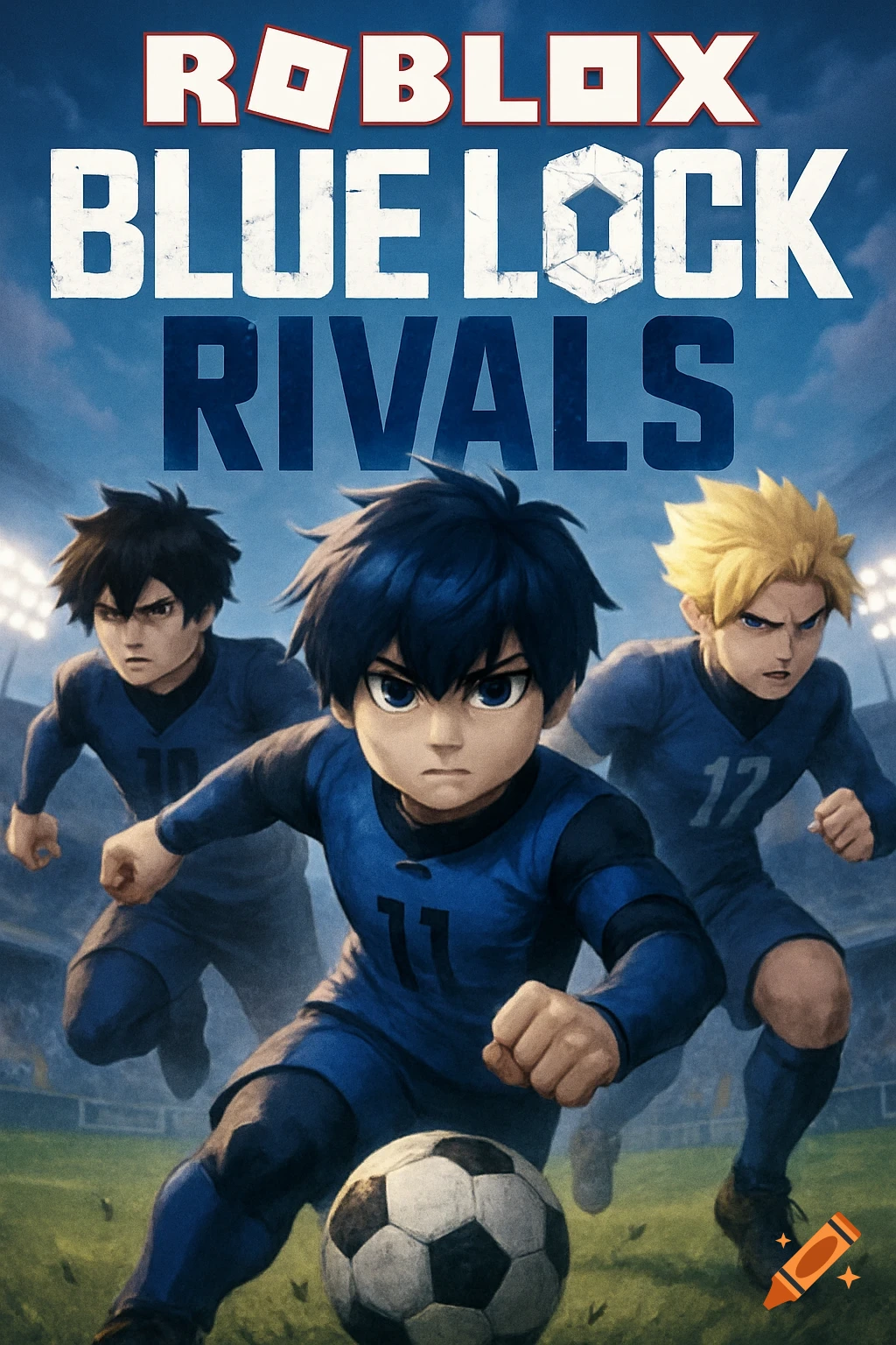 Anime style characters playing soccer with the title ROBLOX BLUE LOCK ...