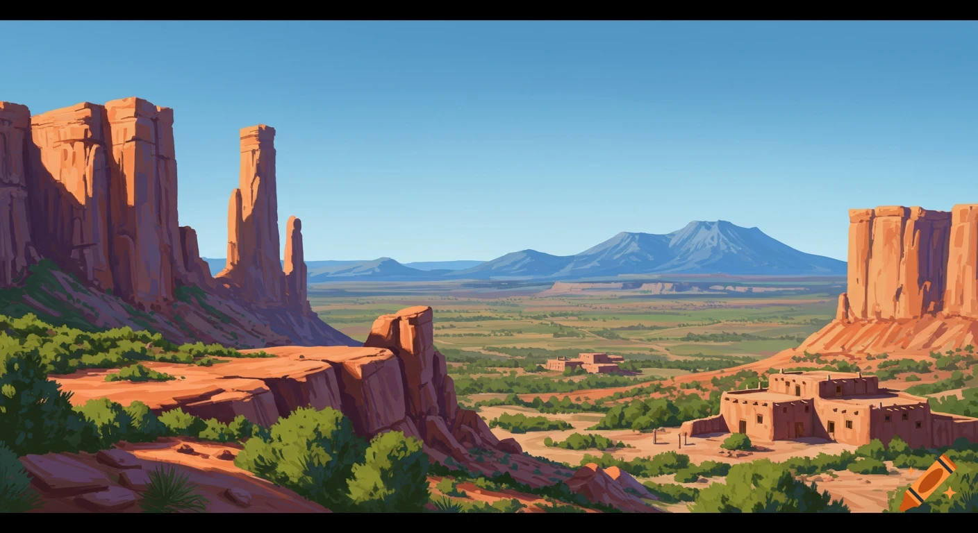 Desert landscape with red rock formations, adobe buildings, and distant ...