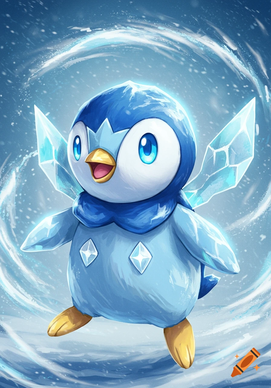 A blue penguin-like pokemon with ice wings and diamonds on its belly ...