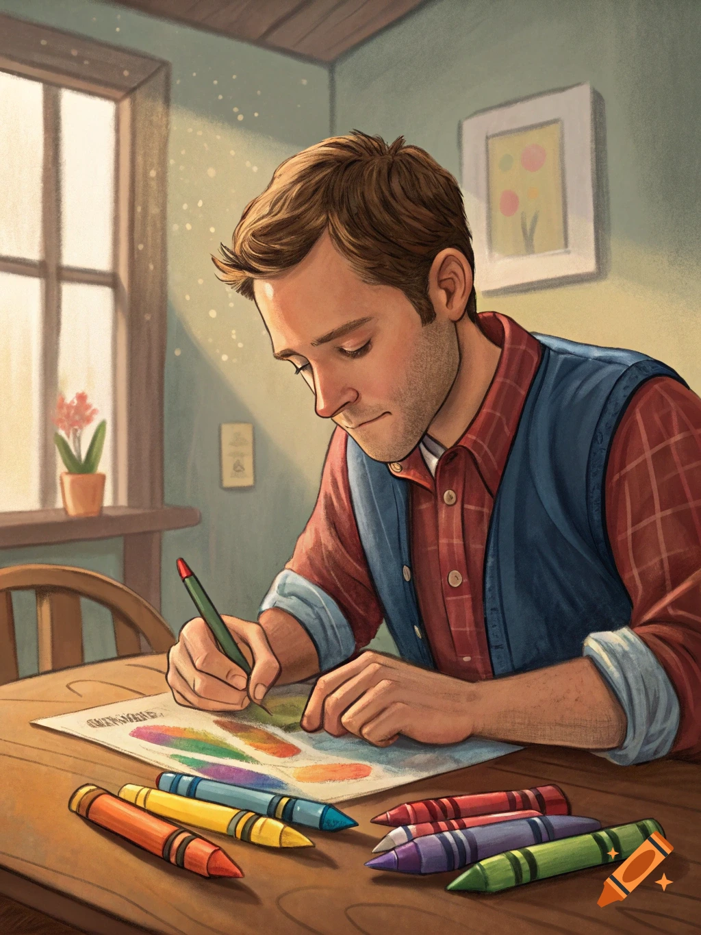 A man draws with crayons on a piece of paper at a wooden table, with ...