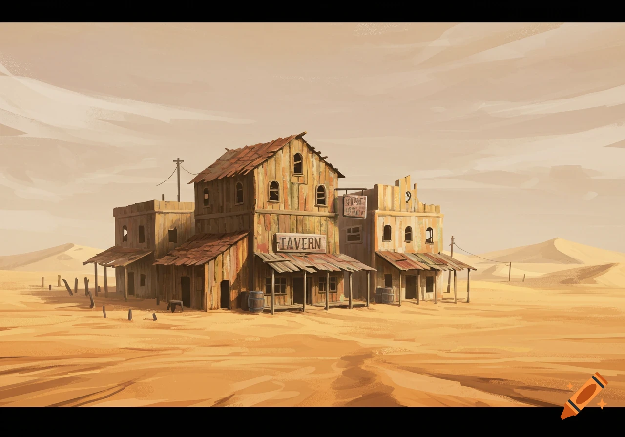 A rundown wooden tavern and buildings stand in a vast, flat desert ...