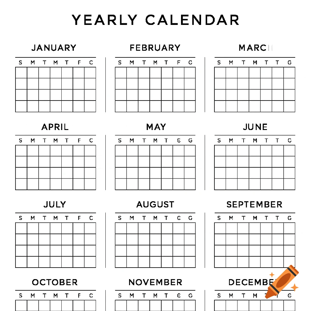 A black and white grid showing a blank yearly calendar with twelve ...