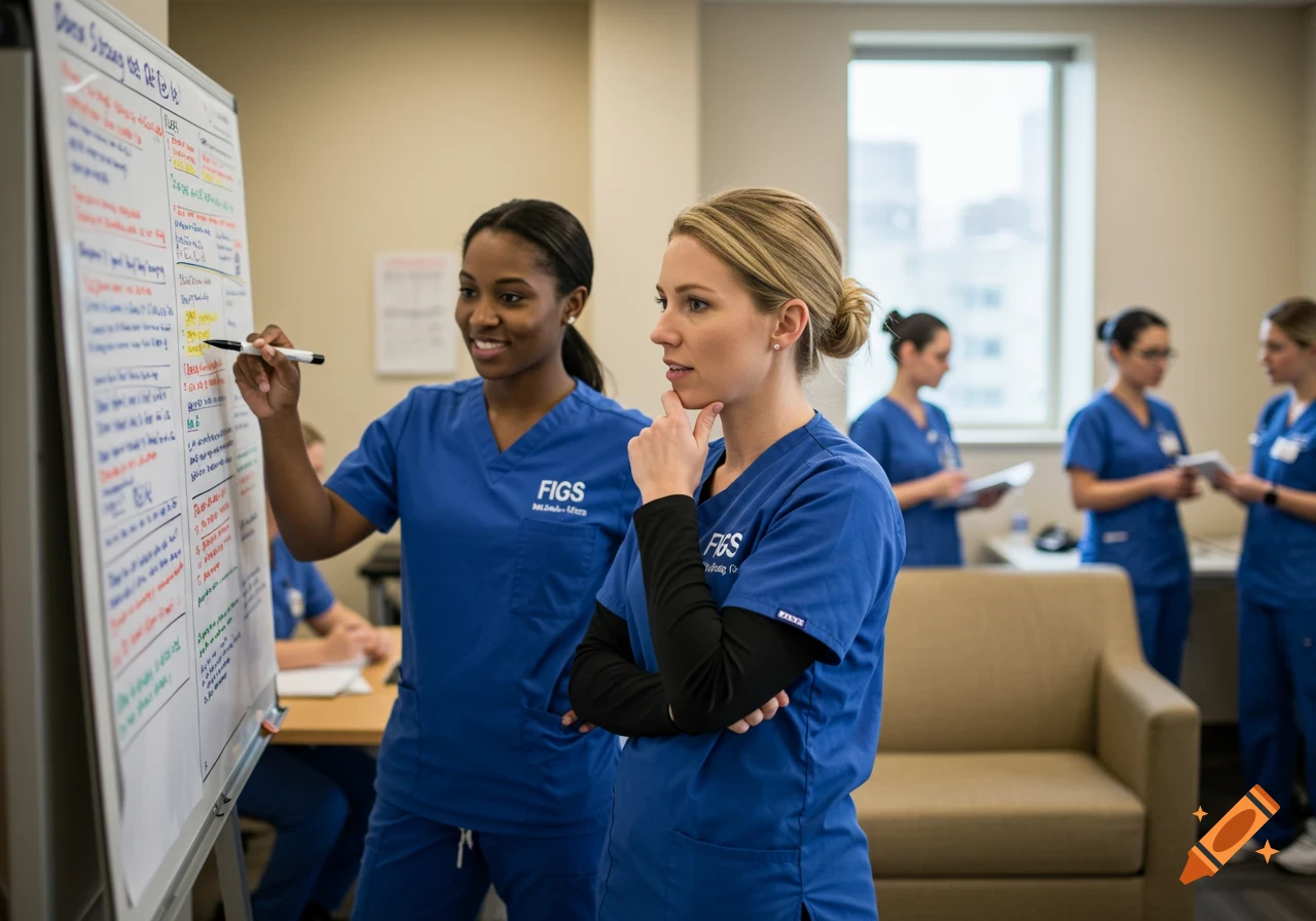 Nurses discuss patient care while one writes on a whiteboard during a ...