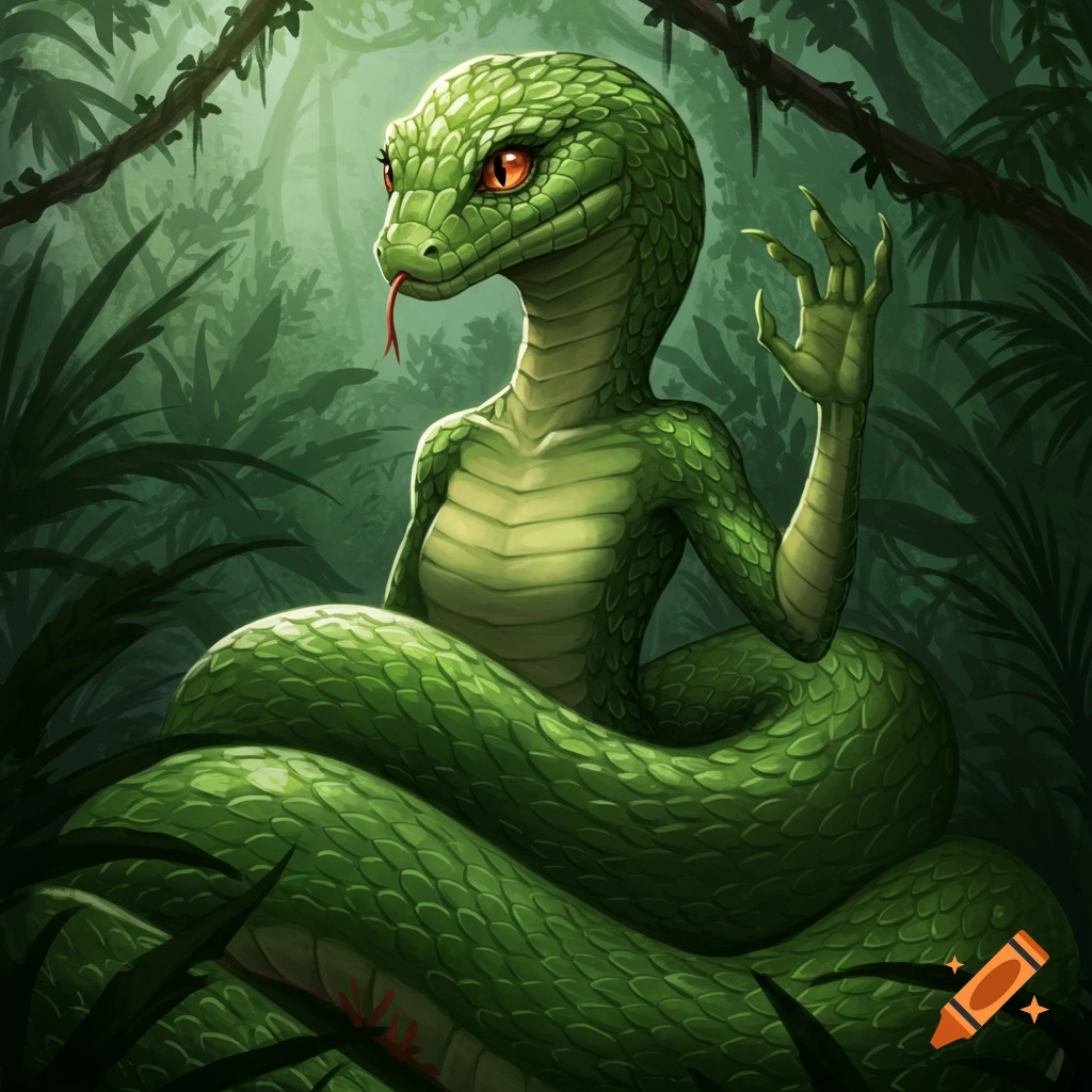 A green snake-woman sits among jungle foliage in a digital painting. on ...