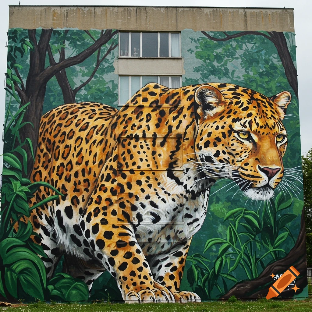 Mural of a leopard painted on the side of a building. on Craiyon