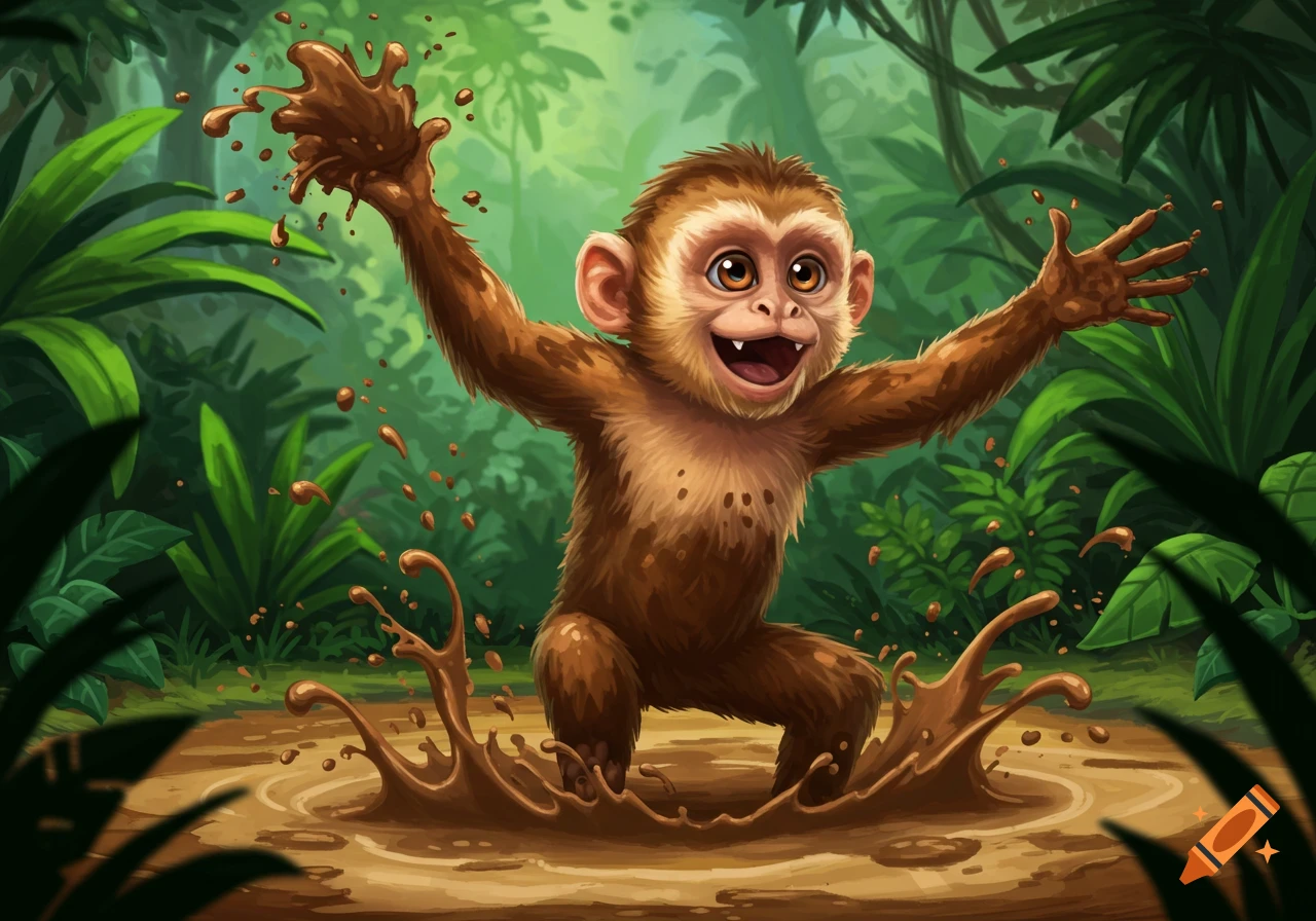 Cartoon monkey splashes happily in a mud puddle in a jungle. on Craiyon