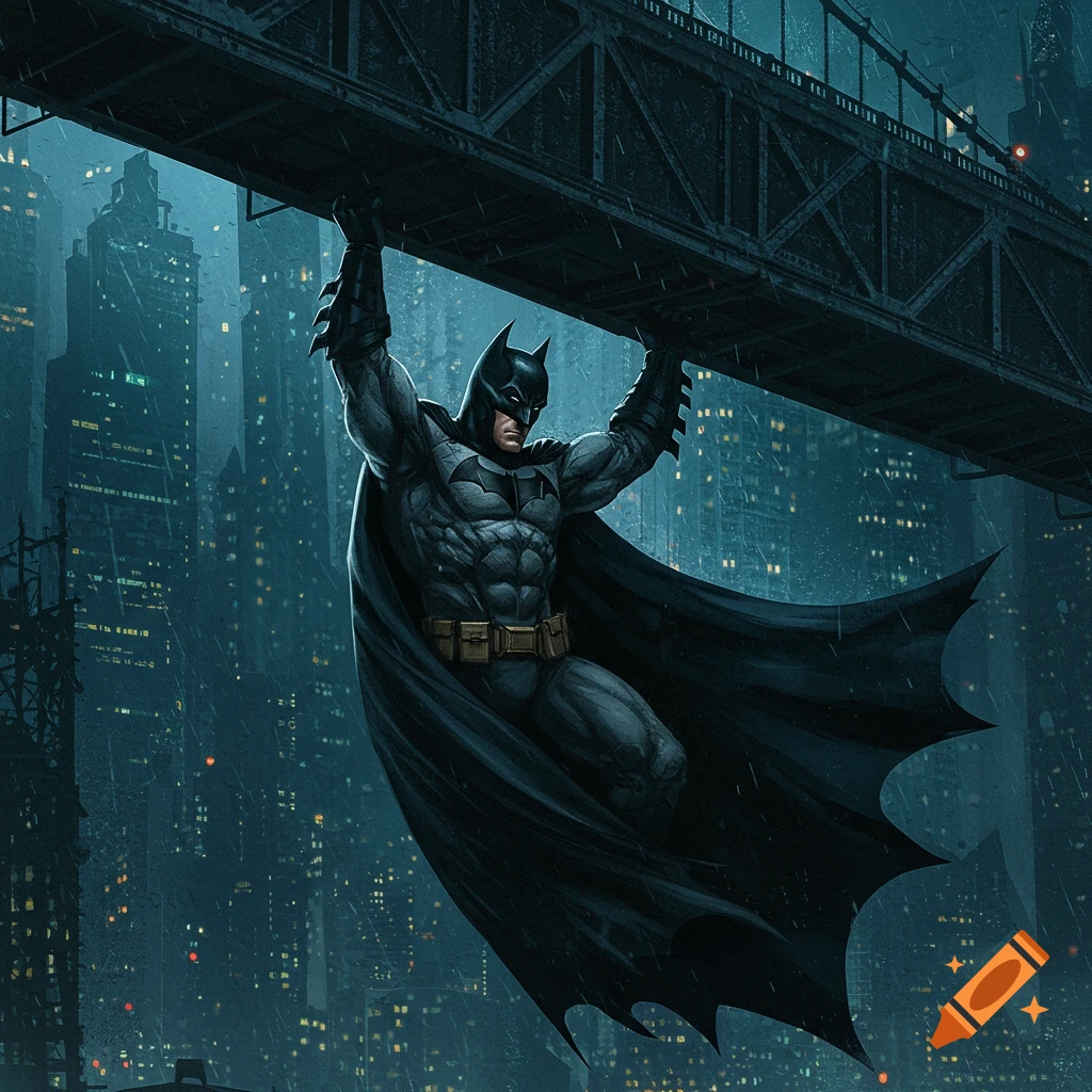Batman hangs from a bridge over a rainy city at night, comic art style ...