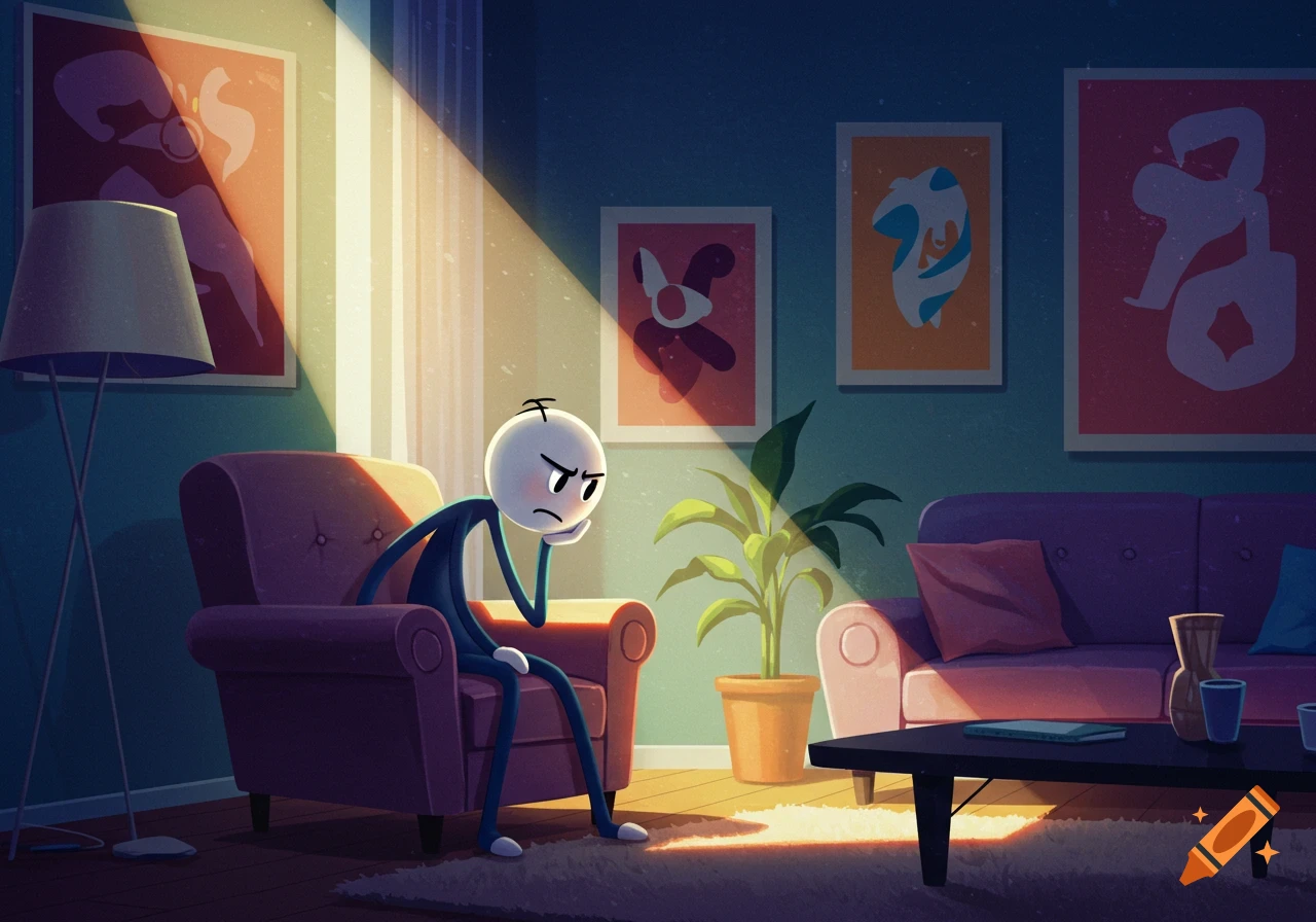 Cartoon illustration of a sad or thoughtful stickman sitting in a chair ...