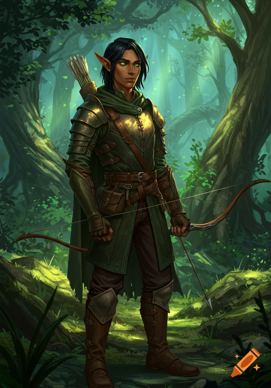 A fantasy illustration of a male half-elven ranger with a bow and ...