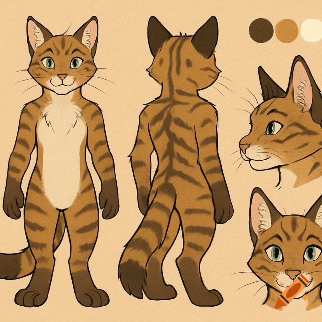 Reference sheet for an anthropomorphic tabby cat character, showing ...