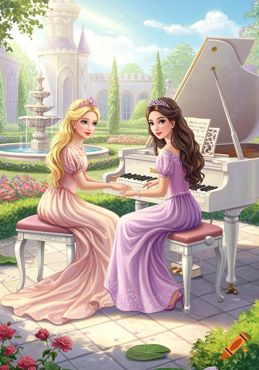 Two princesses play piano in a sunny castle garden, illustration. on ...