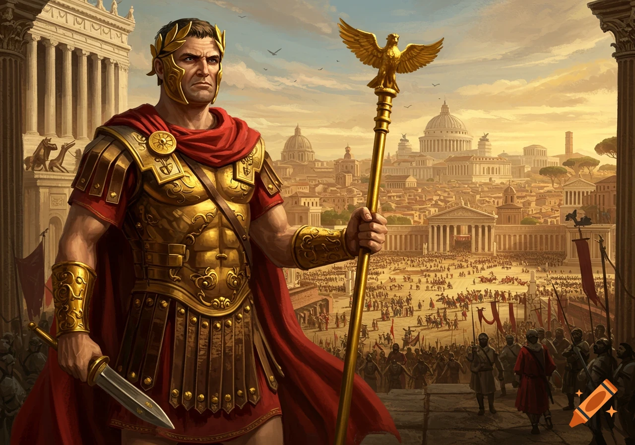 A Roman commander in golden armor stands with a staff and sword ...