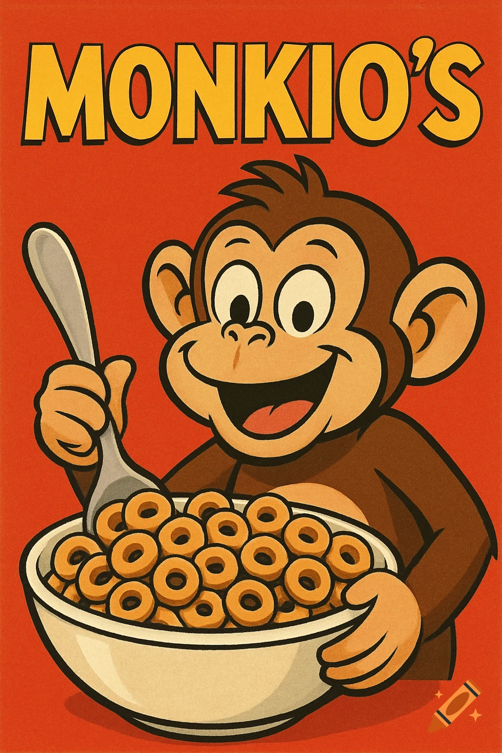 Retro illustration of a cartoon monkey mascot holding a spoon and bowl ...