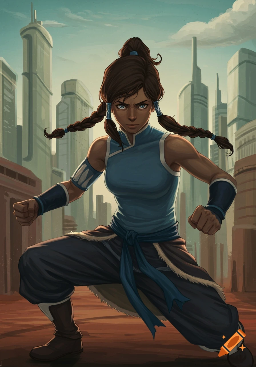Illustration of Avatar Korra in a fighting stance in a city on Craiyon
