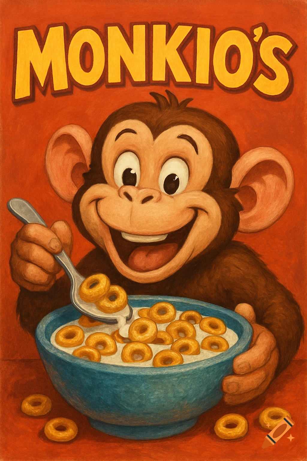 Cartoon monkey mascot eating cereal with text 'MONKIO'S' on Craiyon