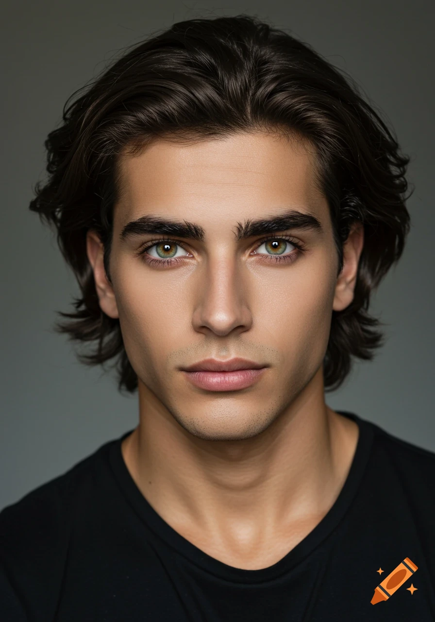 Close-up photorealistic portrait of a young man with dark hair, green ...