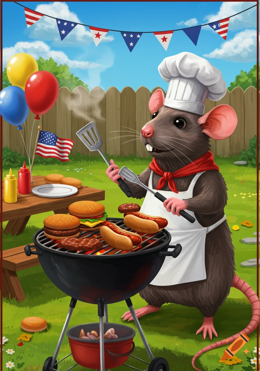 A cartoon rat chef grills hot dogs and burgers at a backyard party with ...